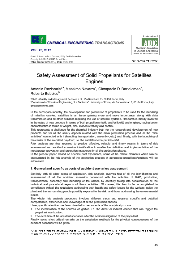 (PDF) Safety Assessment of Solid Propellants for Satellites Engines