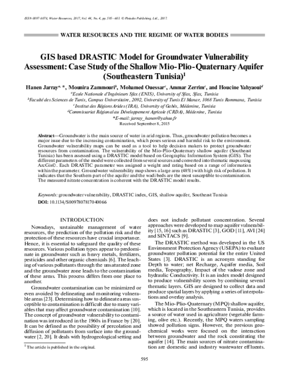 (PDF) GIS based DRASTIC model for groundwater vulnerability assessment: Case study of the ...