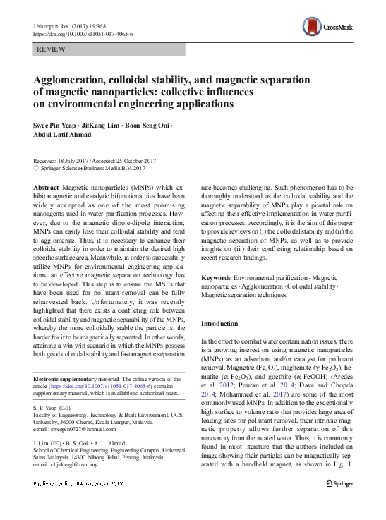 (PDF) Agglomeration, colloidal stability, and magnetic separation of ...