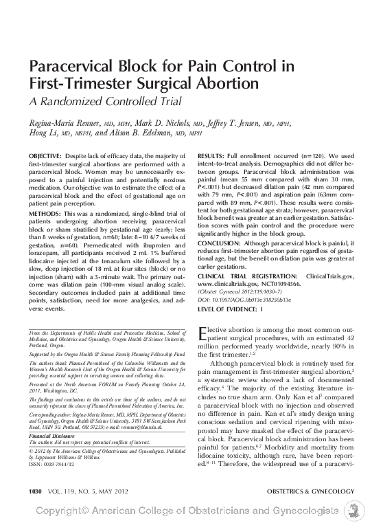 (PDF) Paracervical Block for Pain Control in First-Trimester Surgical ...