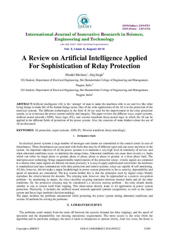 (PDF) A Review on Artificial Intelligence Applied For Sophistication of Relay Protection