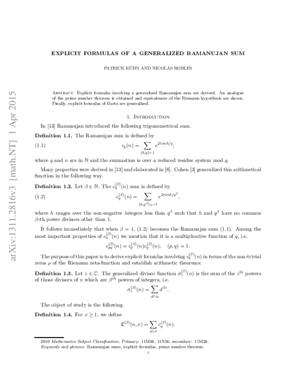 (PDF) Explicit Formulas of a Generalized Ramanujan Sum