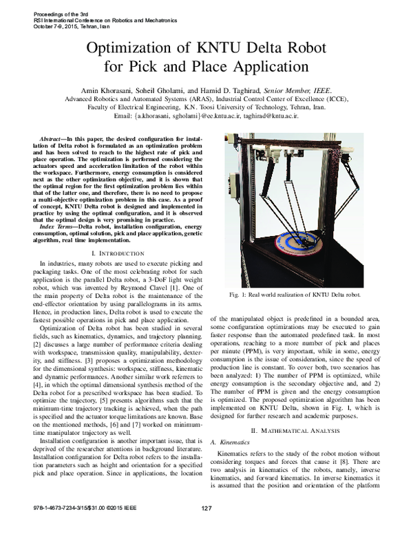 (PDF) Optimization of KNTU Delta robot for pick and place application