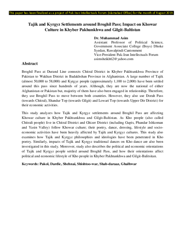 (PDF) Tajik and Kyrgyz Settlements around Broghil Pass; Impact on ...
