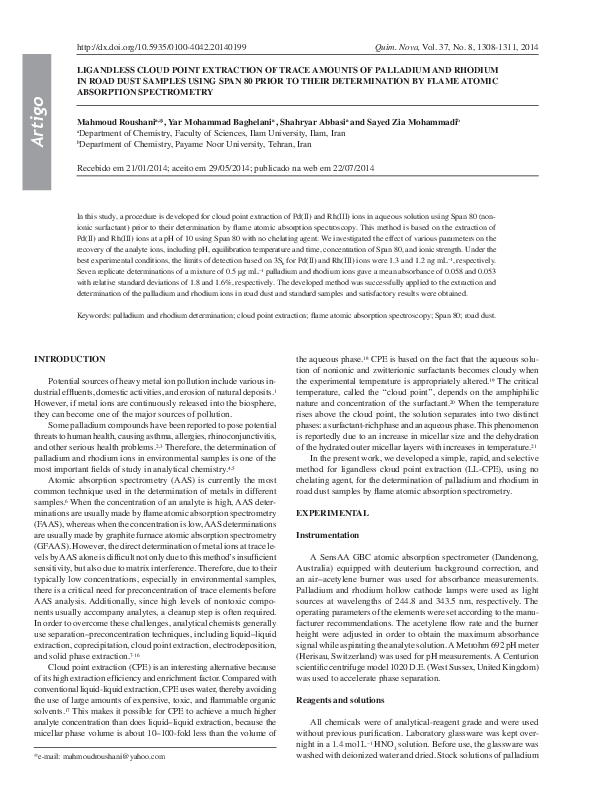 Pdf Ligandless Cloud Point Extraction Of Trace Amounts Of Palladium And Rhodium In Road Dust