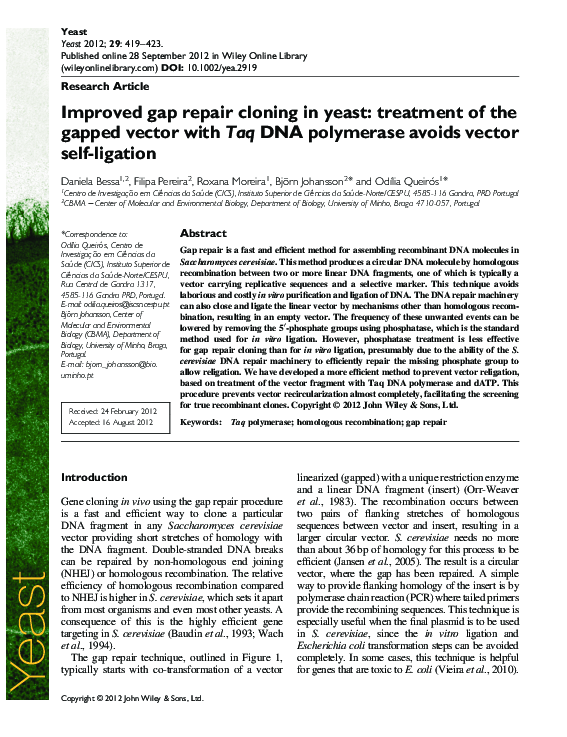 (PDF) Improved gap repair cloning in yeast: treatment of the gapped vector with Taq DNA ...