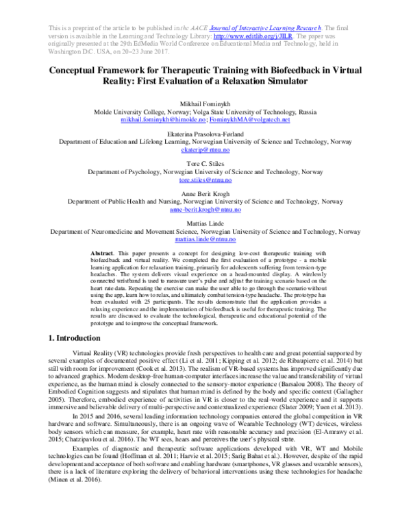 (PDF) Conceptual Framework for Therapeutic Training with Biofeedback in Virtual Reality: First ...