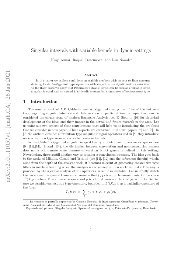 (PDF) Singular integrals with variable kernels in dyadic settings