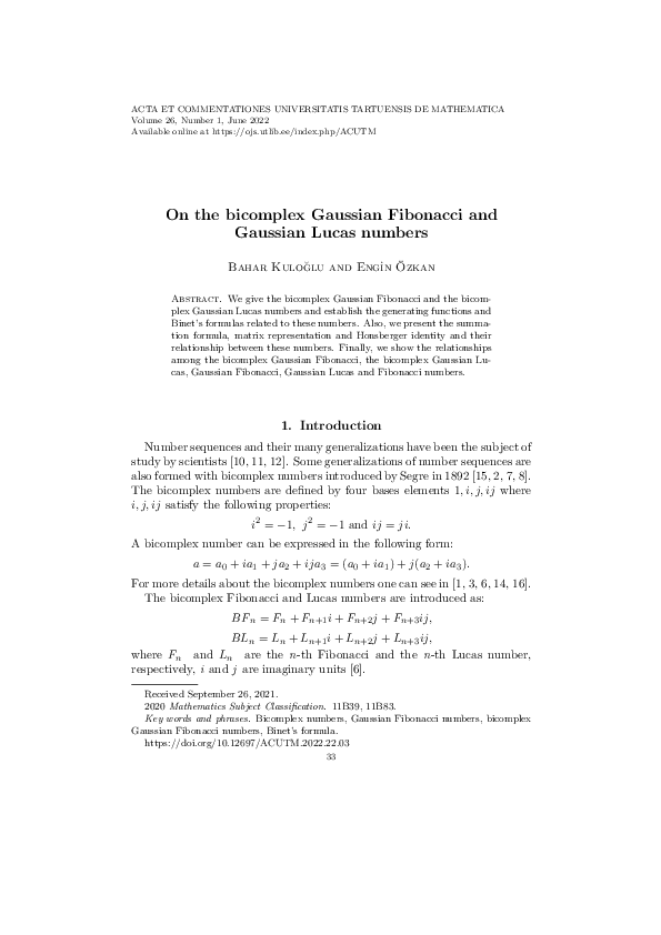 Pdf On The Bicomplex Gaussian Fibonacci And Gaussian Lucas Numbers Bahar Kuloğlu
