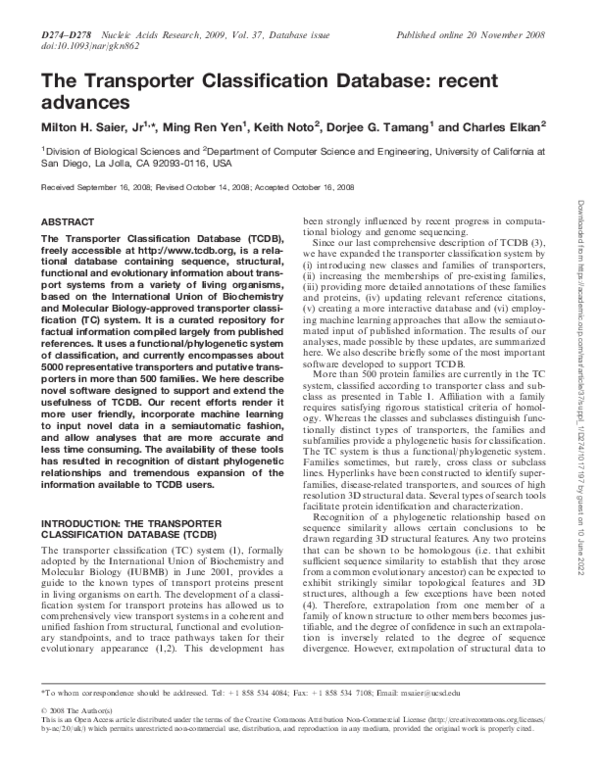 (PDF) The Transporter Classification Database: recent advances