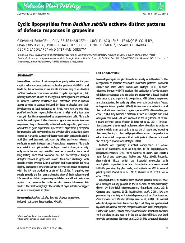 (PDF) Cyclic lipopeptides fromBacillus subtilisactivate distinct patterns of defence responses ...