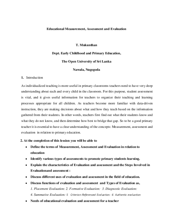 (PDF) Educational Measurement, Assessment and Evaluation