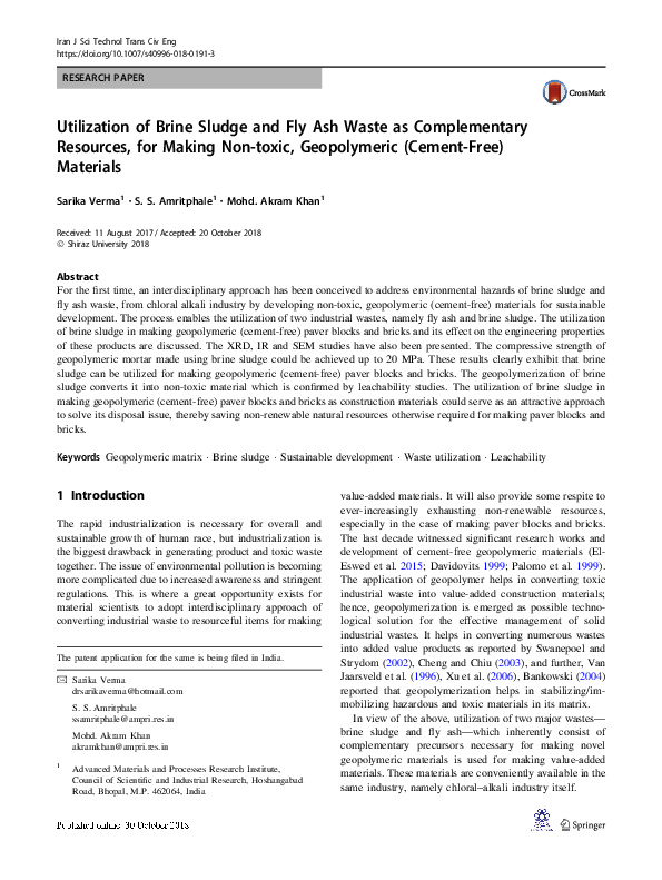 (PDF) Utilization of Brine Sludge and Fly Ash Waste as Complementary ...