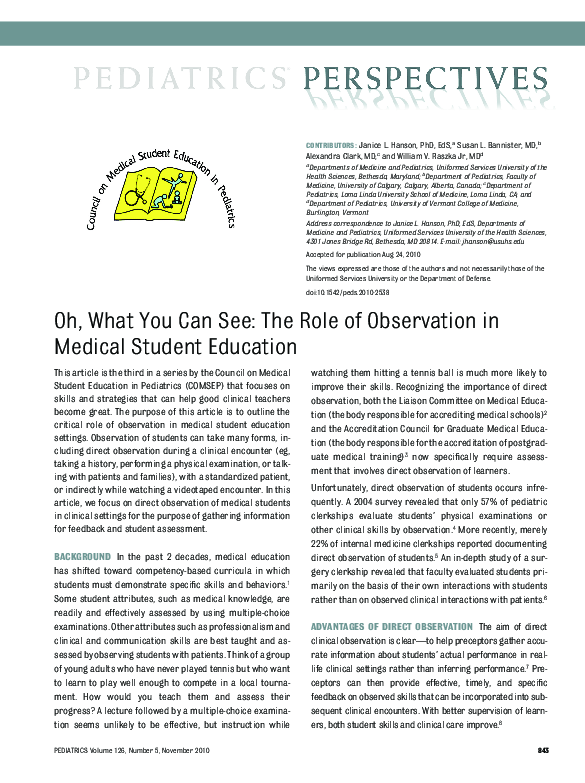 (PDF) Oh, What You Can See: The Role of Observation in Medical Student ...