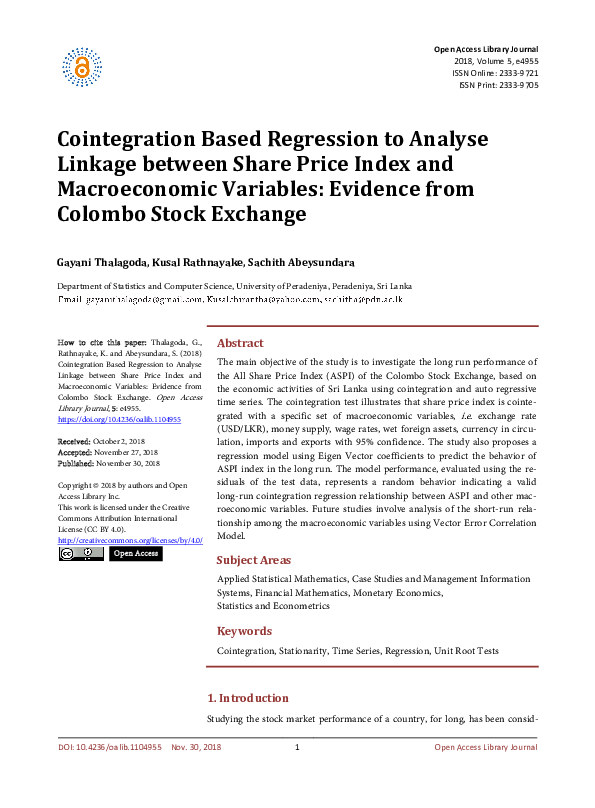 Pdf Cointegration Based Regression To Analyse Linkage Between Share
