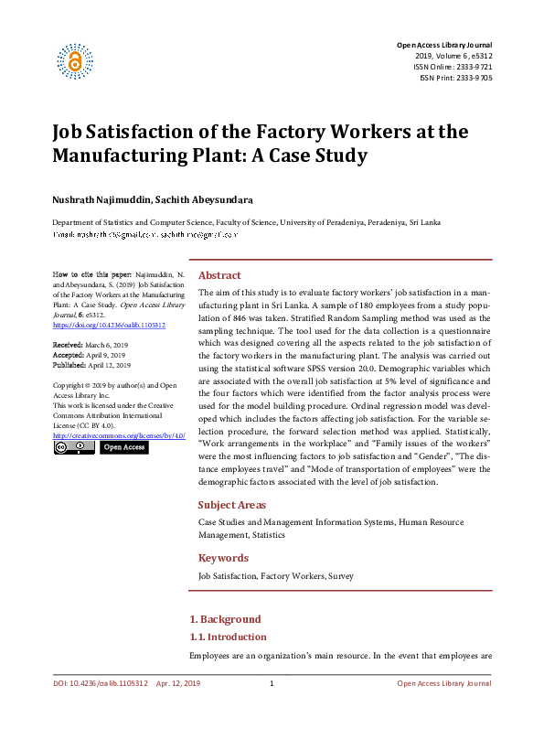 (PDF) Job Satisfaction of the Factory Workers at the Manufacturing ...