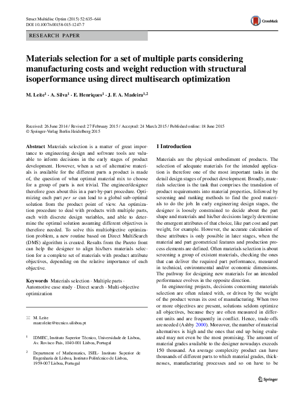 (PDF) Materials selection for a set of multiple parts considering manufacturing costs and weight ...