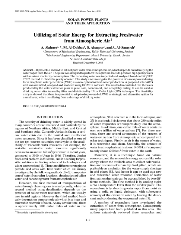 (PDF) Utilizing of Solar Energy for Extracting Freshwater from ...