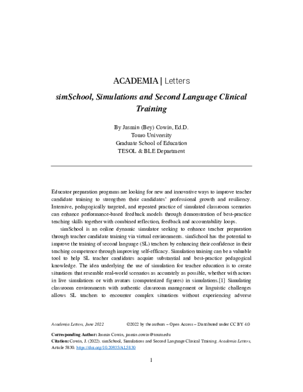 (PDF) simSchool, Simulations and Second Language Clinical Training
