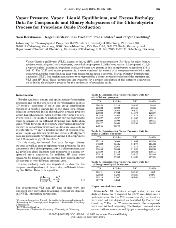 (PDF) Vapor Pressure, Vapor−Liquid Equilibrium, and Excess Enthalpy ...