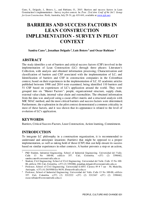 (PDF) Barriers and Success Factors in Lean Construction Implementation - Survey in Pilot Context