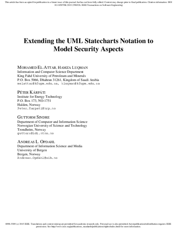 (PDF) Extending the UML Statecharts Notation to Model Security Aspects