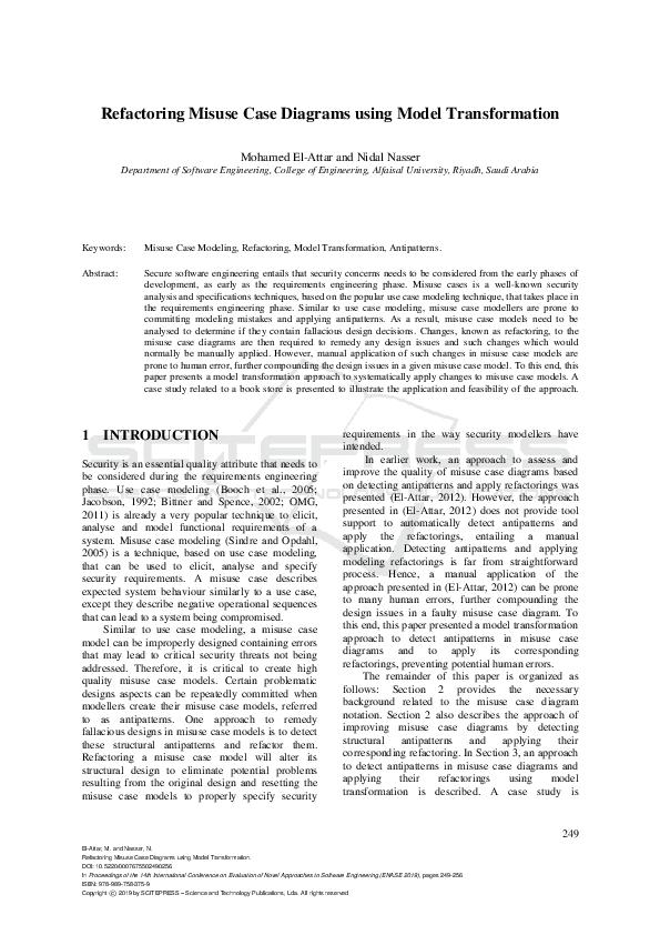 (PDF) Refactoring Misuse Case Diagrams using Model Transformation