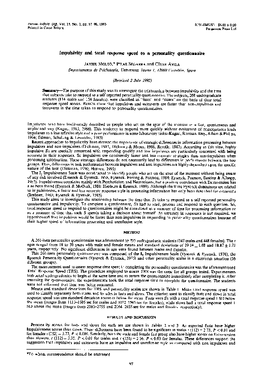 (PDF) Impulsivity and total response speed to a personality questionnaire