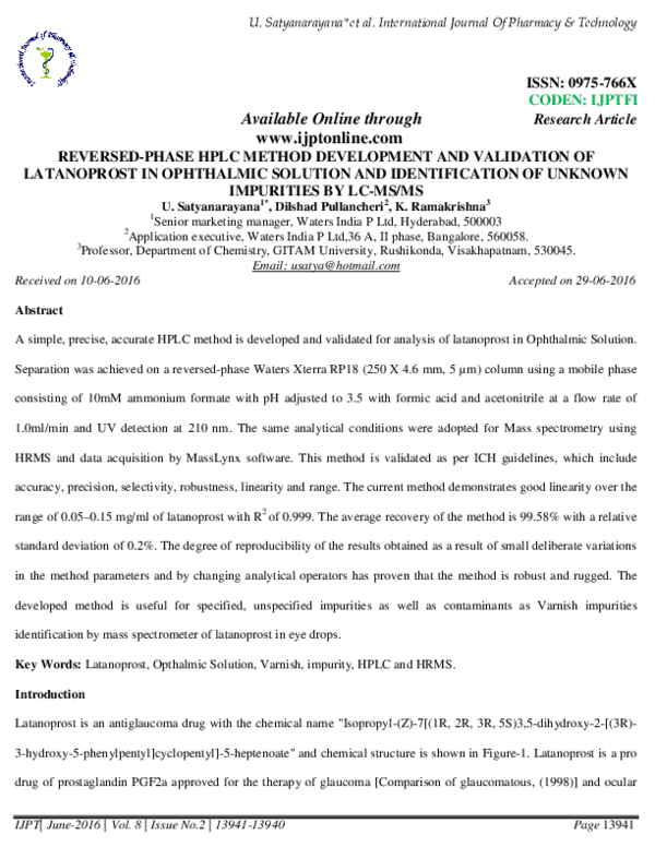 Pdf Reversed Phase Hplc Method Development And Validation Of Latanoprost In Ophthalmic