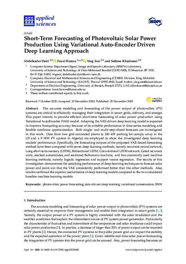 (PDF) Short-Term Forecasting of Photovoltaic Solar Power Production Using Variational Auto ...