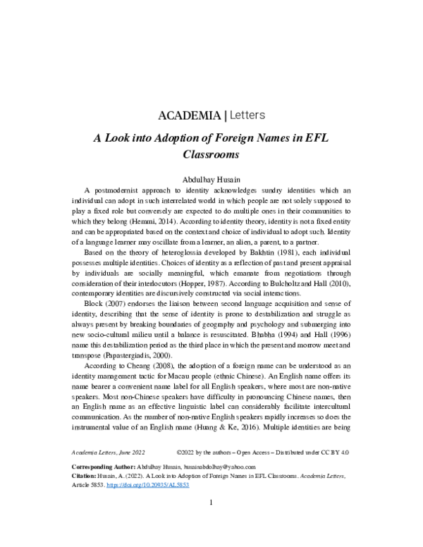 (PDF) Adoption of Foreign Names in EFL Classrooms