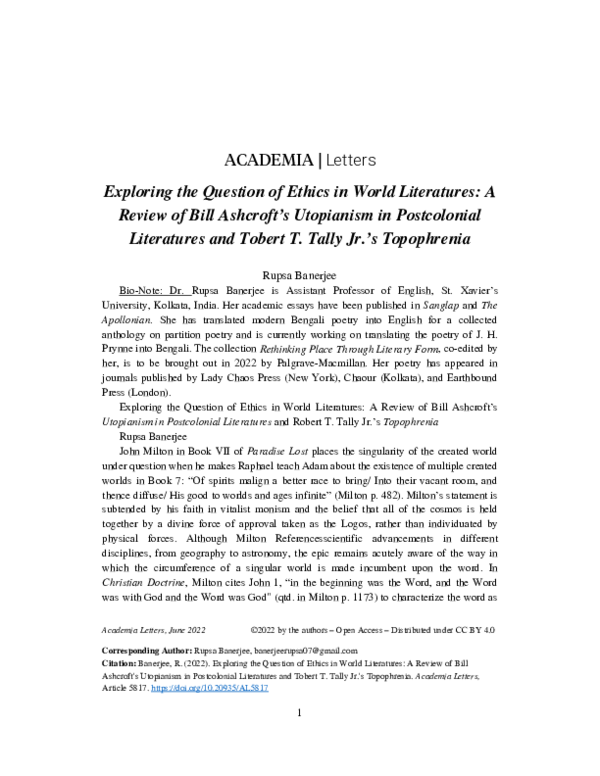 (PDF) Exploring the Question of Ethics in World Literatures: A Review ...