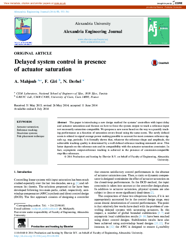 (PDF) Delayed system control in presence of actuator saturation