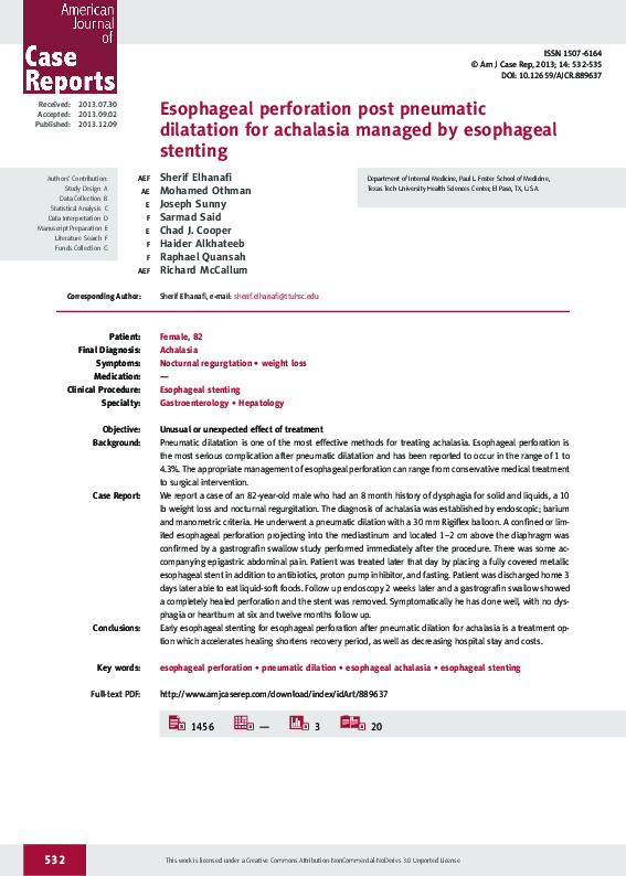 (PDF) Esophageal perforation post pneumatic dilatation for achalasia ...