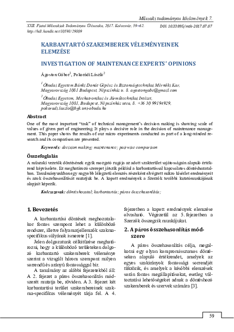 (PDF) Karbantartó szakemberek véleményeinek elemzése | Gábor Ágoston ...