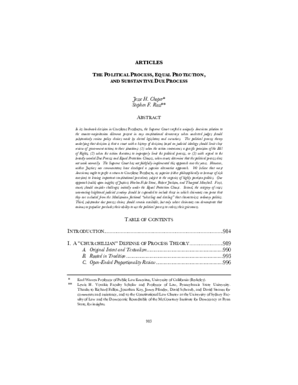 (PDF) The Political Process, Equal Protection and Substantive Due Process