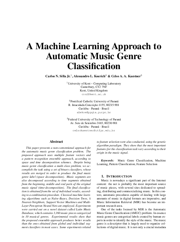 (PDF) A machine learning approach to automatic music genre classification