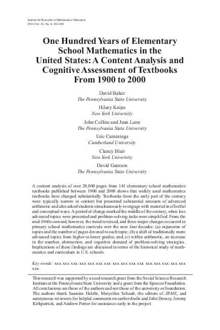 (PDF) One Hundred Years of Elementary School Mathematics in the United ...