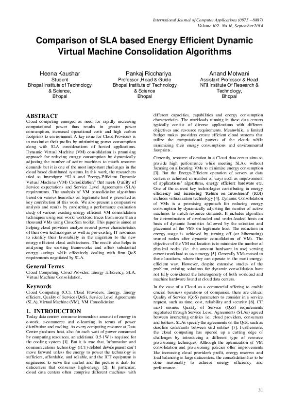(PDF) Comparison of SLA based Energy Efficient Dynamic Virtual Machine Consolidation Algorithms