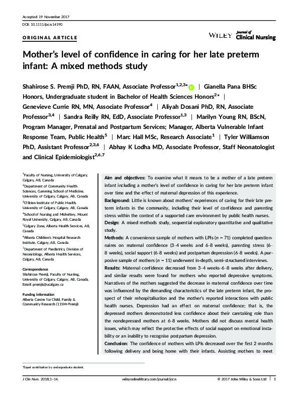 (PDF) Mother's level of confidence in caring for her late preterm ...