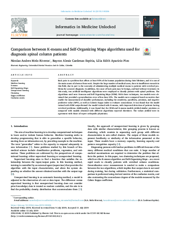 (PDF) Comparison between K-means and Self-Organizing Maps algorithms used for diagnosis spinal ...