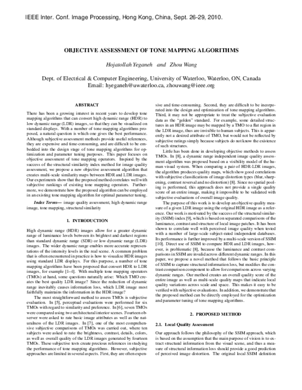 Pdf Objective Assessment Of Tone Mapping Algorithms