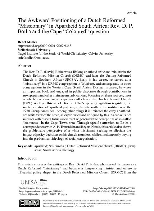 (PDF) The Awkward Positioning of a Dutch Reformed Missionary in ...