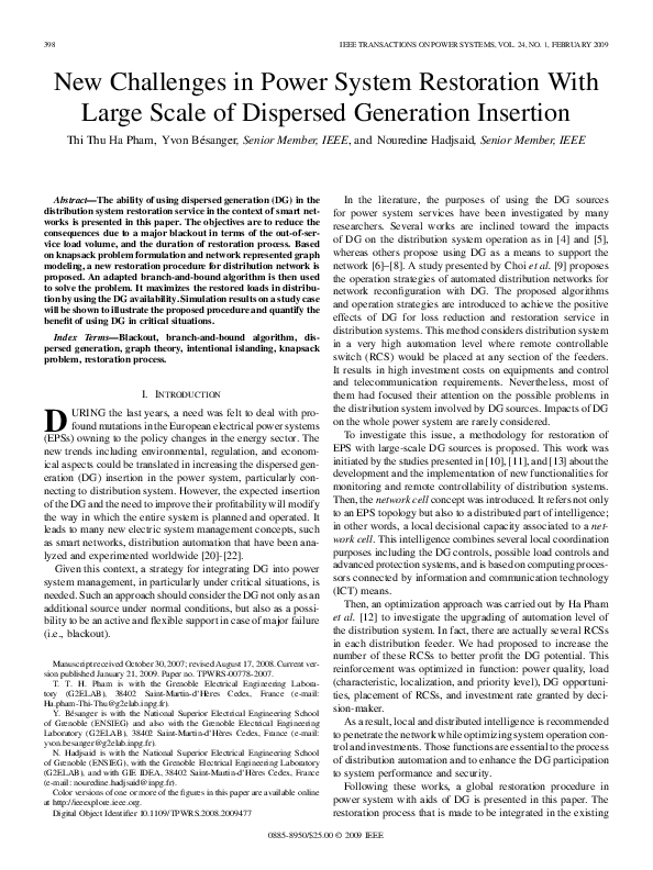 Pdf New Challenges In Power System Restoration With Large Scale Of Dispersed Generation Insertion