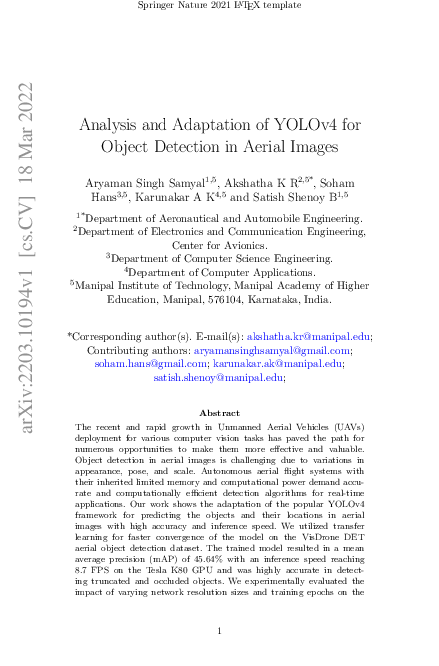 (PDF) Analysis and Adaptation of YOLOv4 for Object Detection in Aerial Images