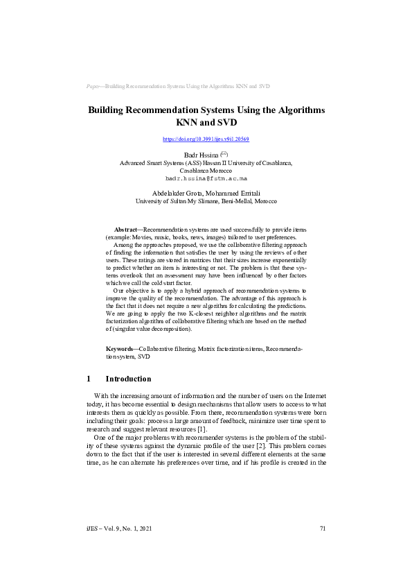 (PDF) Building Recommendation Systems Using the Algorithms KNN and SVD