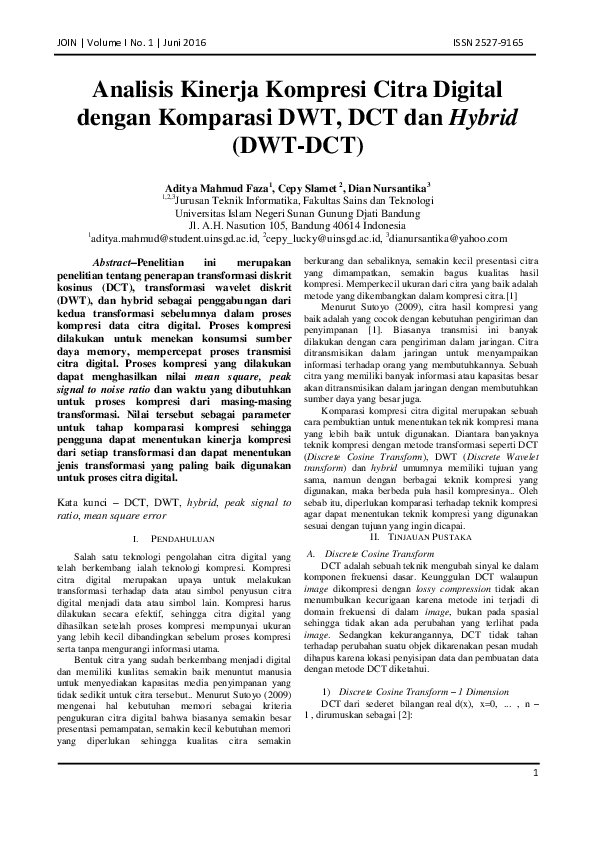 (PDF) Analisis Kinerja Kompresi Citra Digital dengan Komparasi DWT, DCT dan Hybrid (DWT-DCT)
