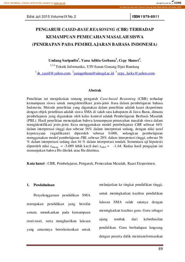 (PDF) Pengaruh Cased-Base Reasoning (CBR) Terhadap Kemampuan Pemecahan ...