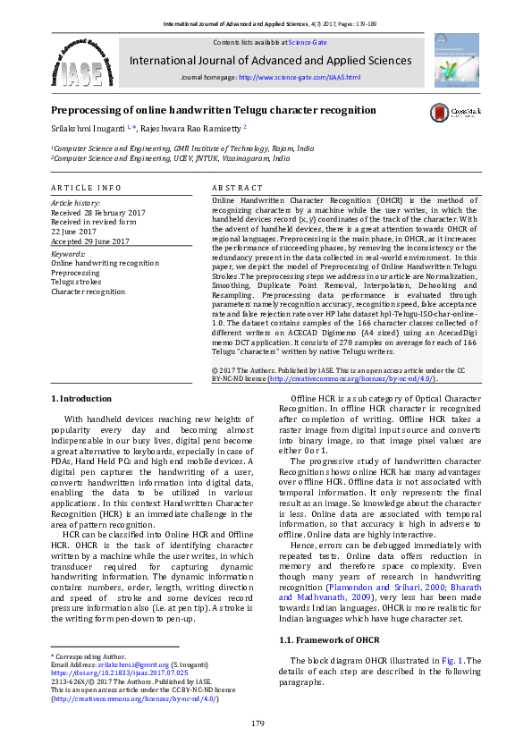 Pdf Preprocessing Of Online Handwritten Telugu Character Recognition