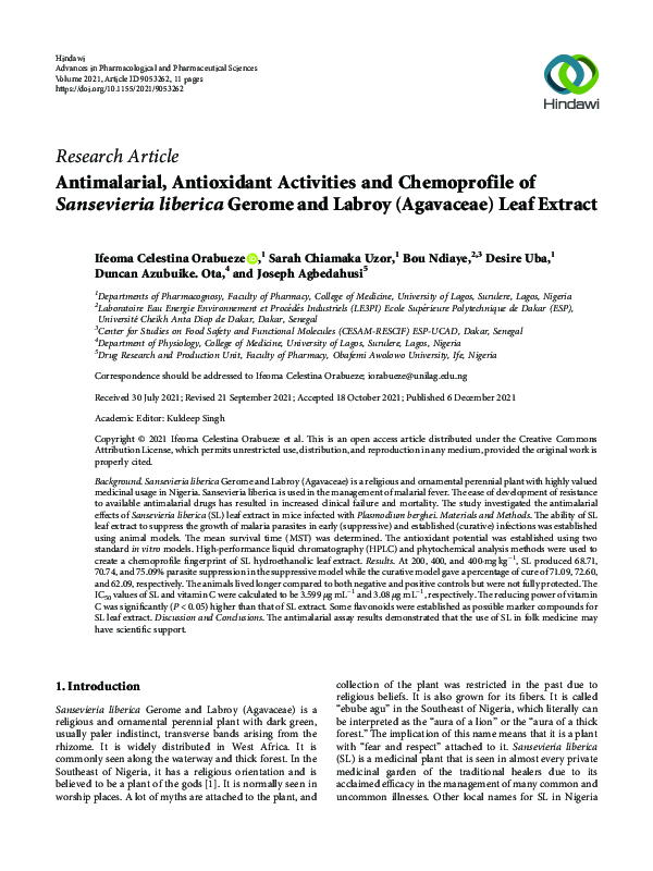 (PDF) Antimalarial, Antioxidant Activities and Chemoprofile of ...